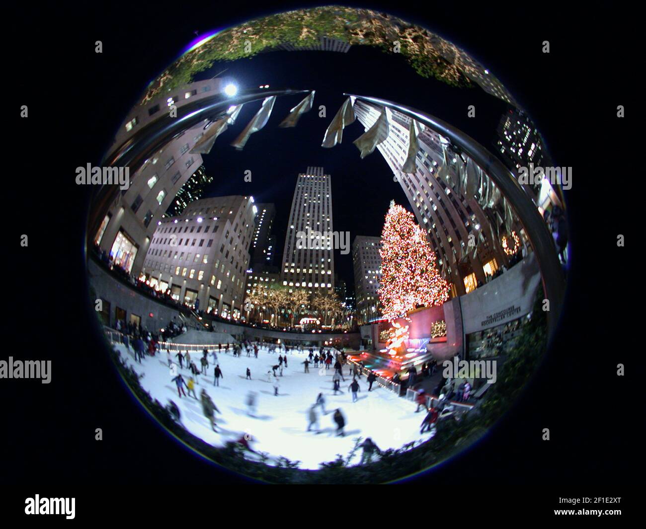 Fish-eye lens view of Rockefeller Skating Rink and the famous ...