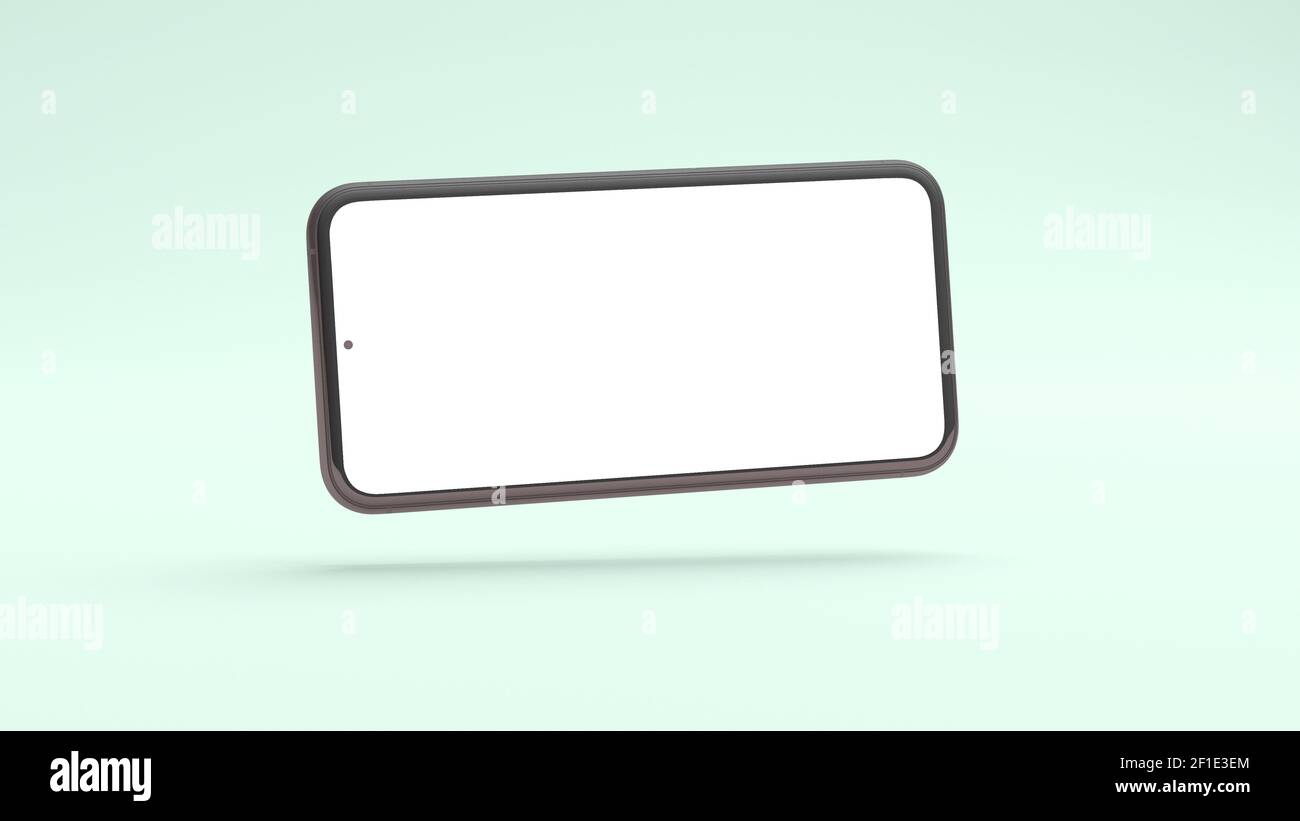 Horizontal wide screen mobile phone mockup floating on a green ...
