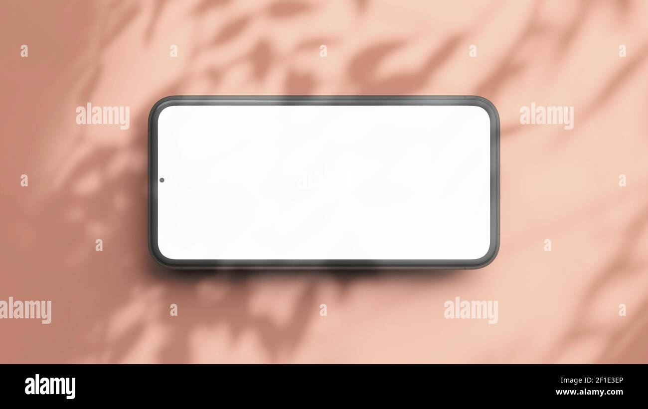 Horizontal wide screen mobile phone mockup isolated on a pink surface ...