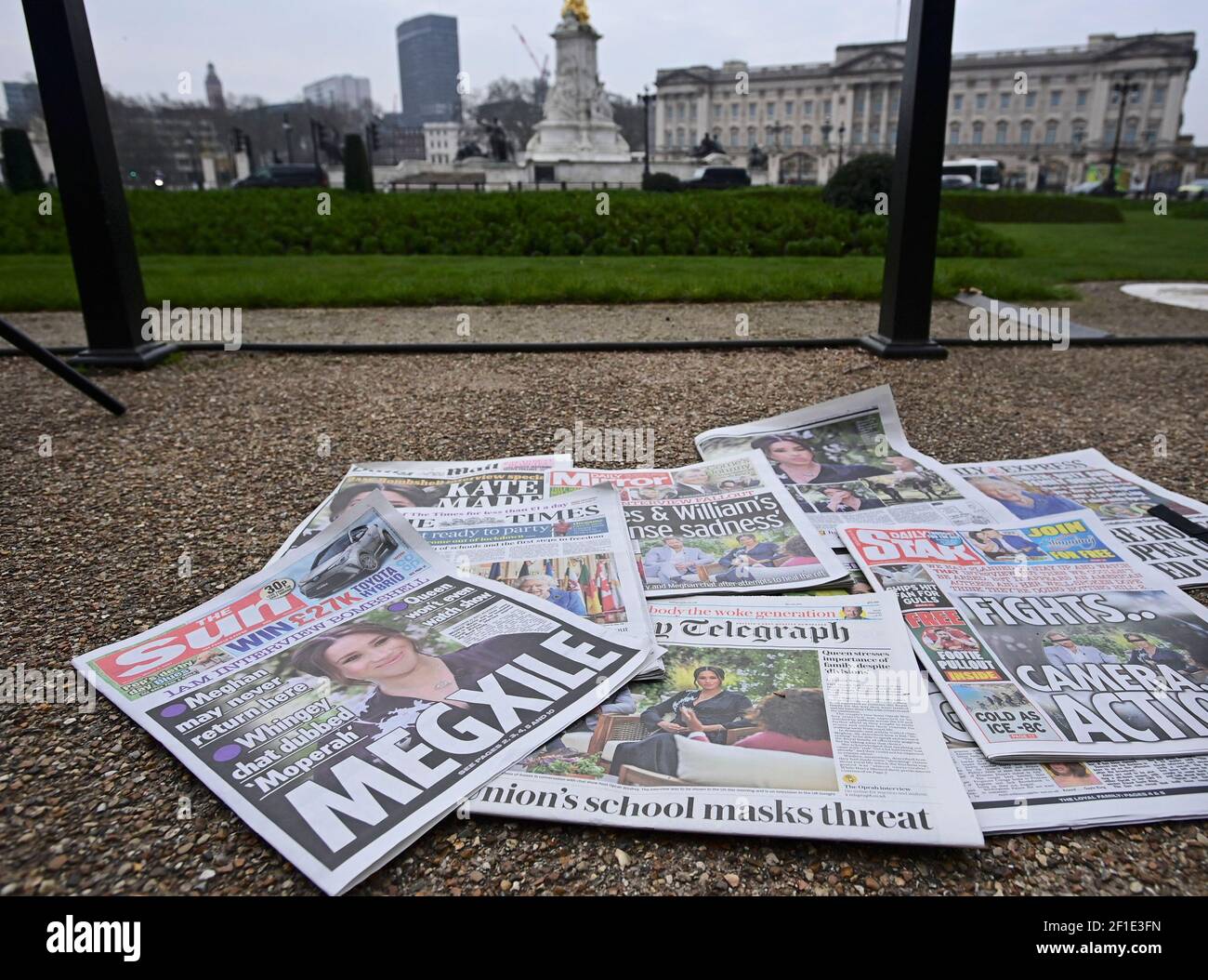 London, UK. 08th Mar, 2021. British newspapers placed on the floor ...