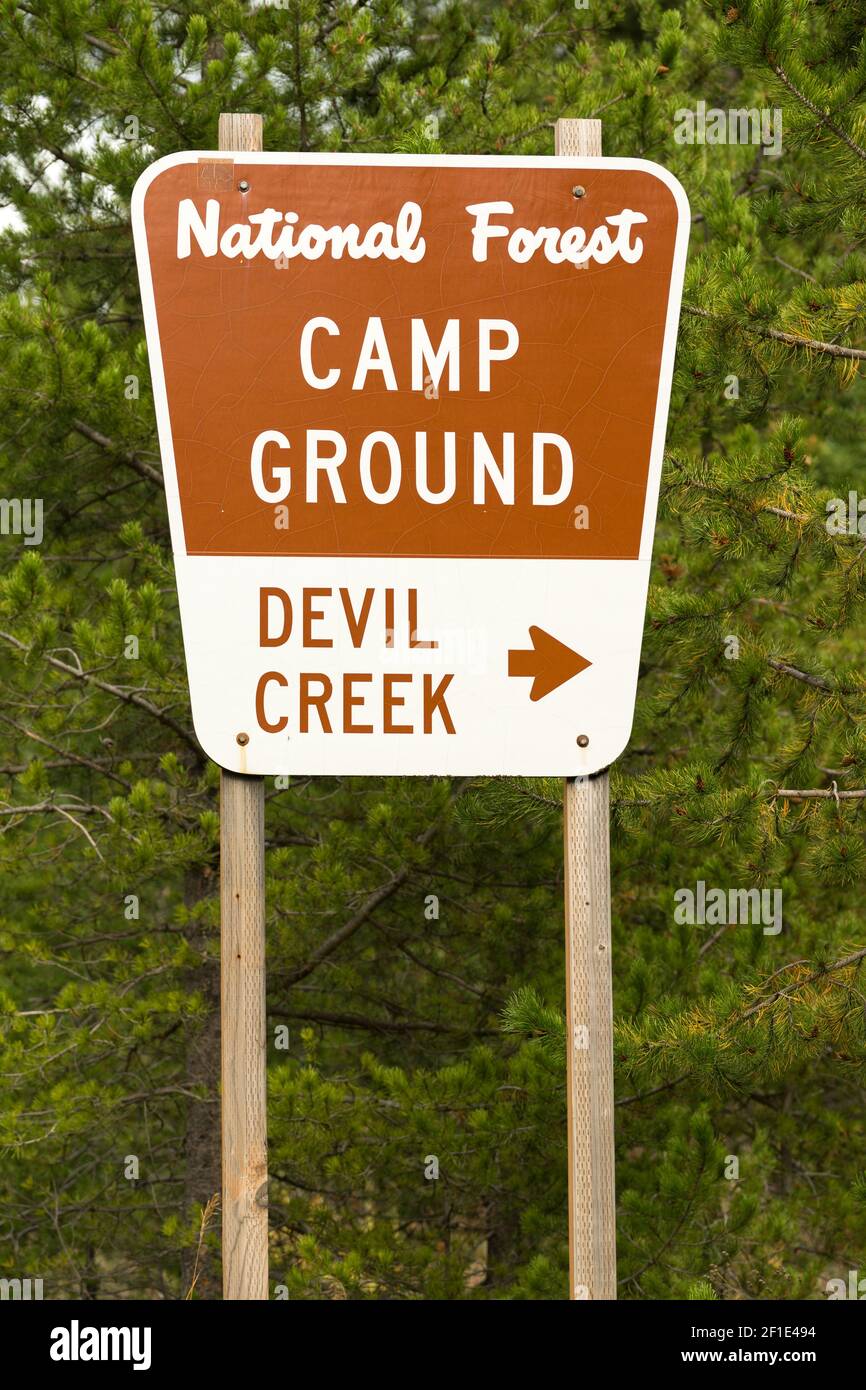 National Forest Sign Devil Creek Campground Stock Photo - Alamy
