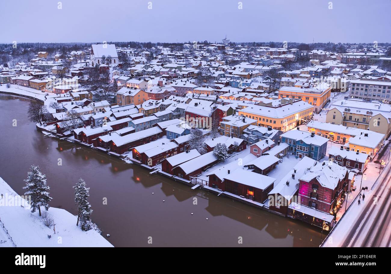 Aerial view of Old Porvoo in the winter evening with Christmas ...