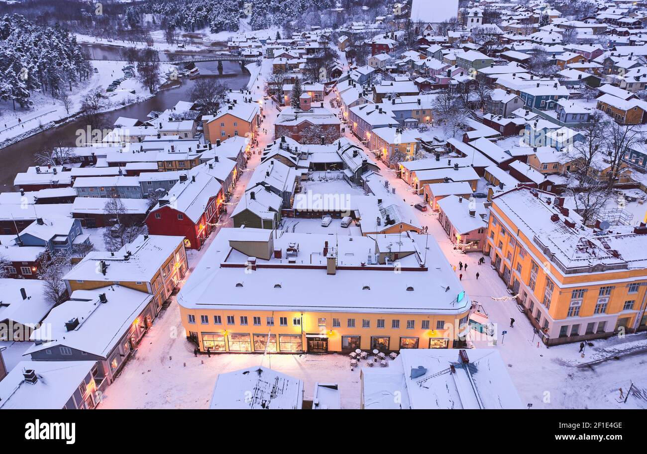 Aerial view of Old Porvoo in the winter evening with Christmas ...