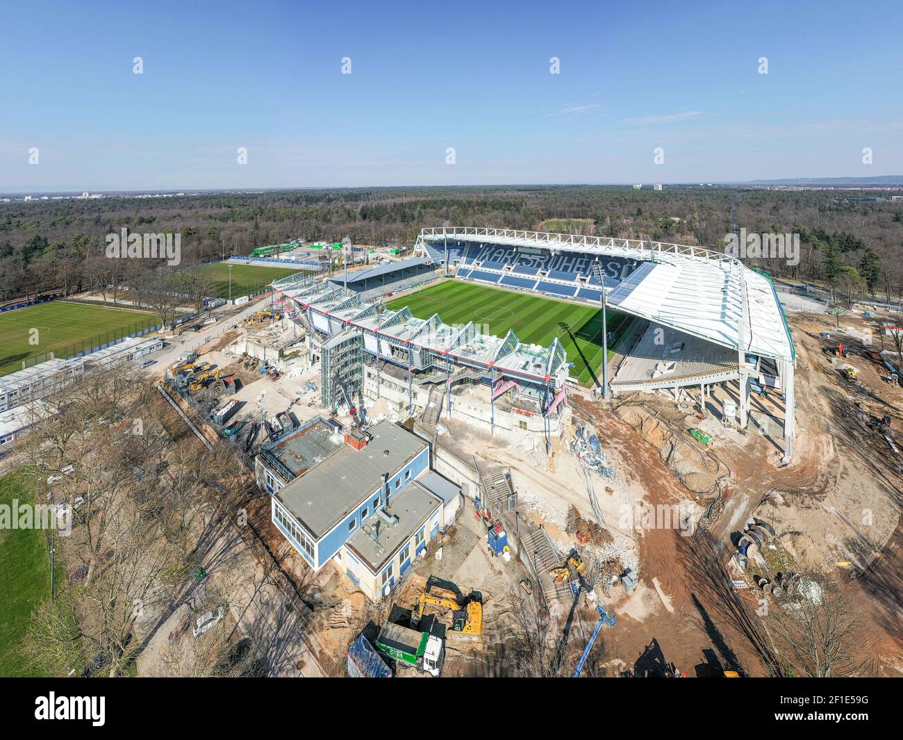 View of the Wildpark Stadium and the old main grandstand, which is ...