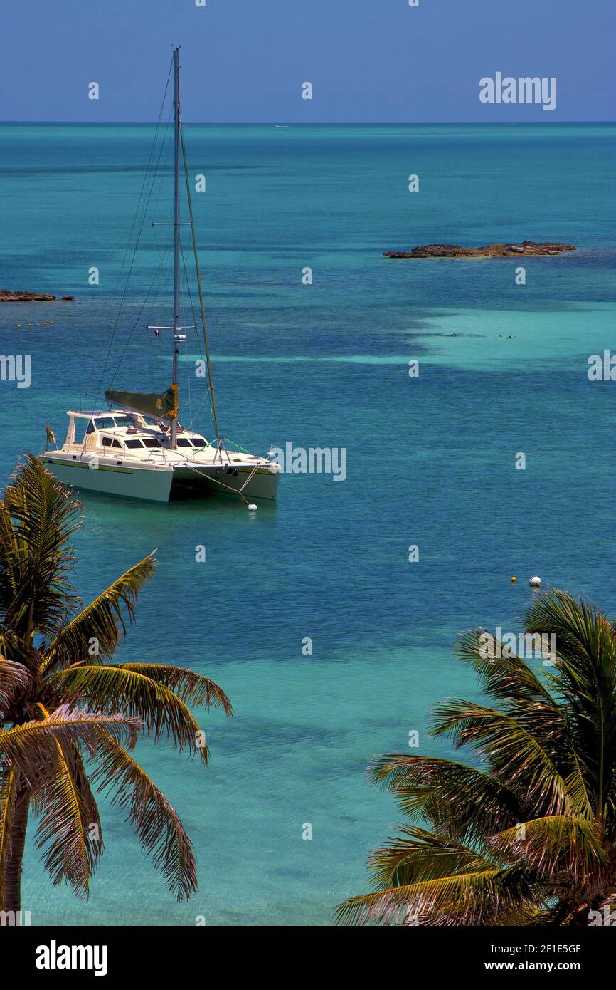 Costline boat catamaran in the blue lagoon relax of isla contoy Stock ...
