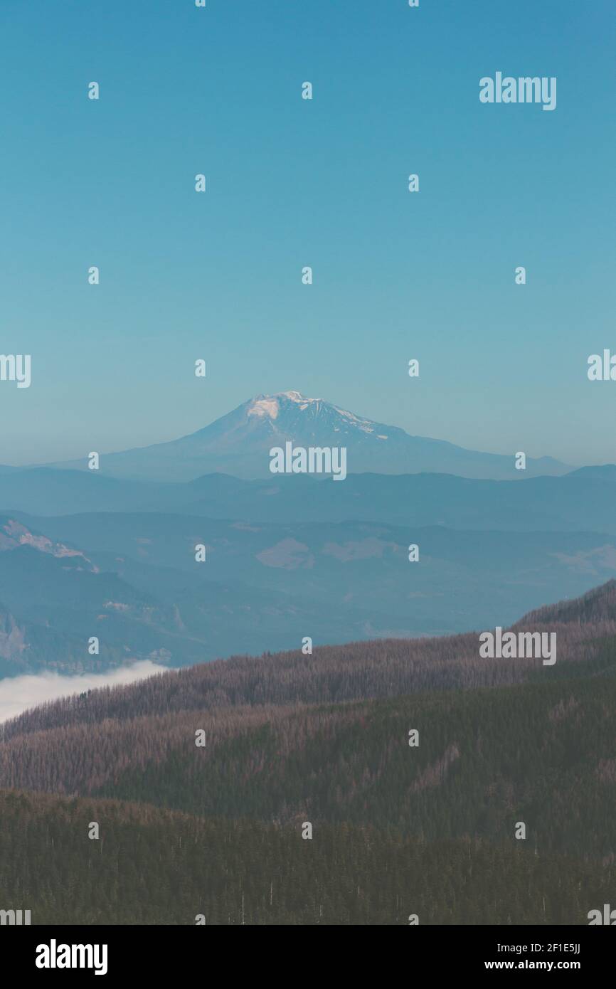A vertical shot of field with volcano background against a blue sky ...