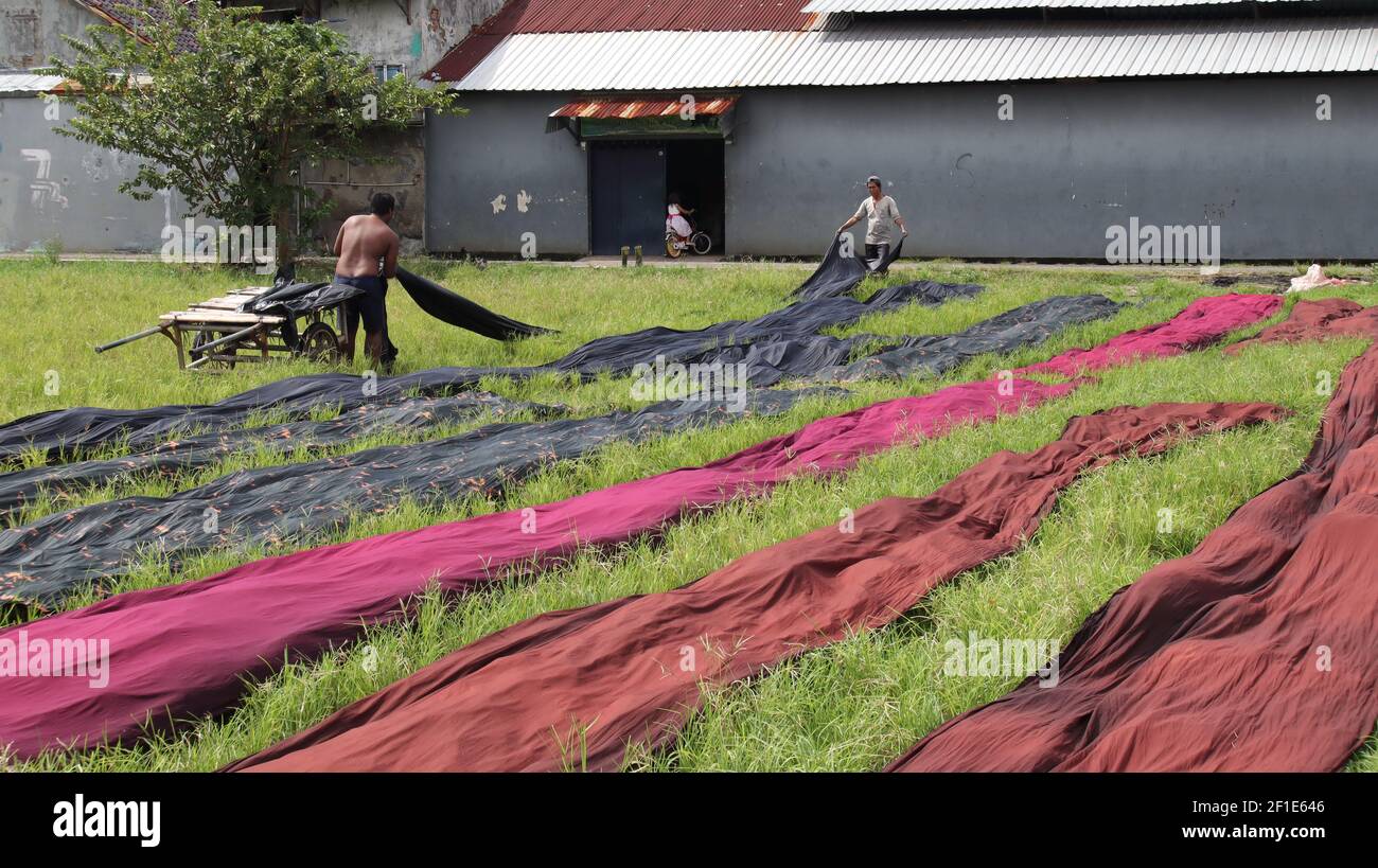 workers drying batik cloth in the field, on a hot day, Pekalongan ...