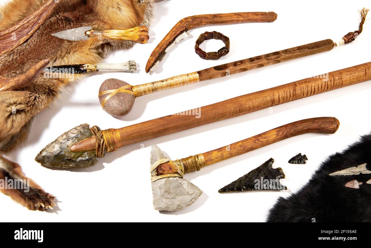 Stone Age Tools on white Background - Panoramic View Stock Photo - Alamy