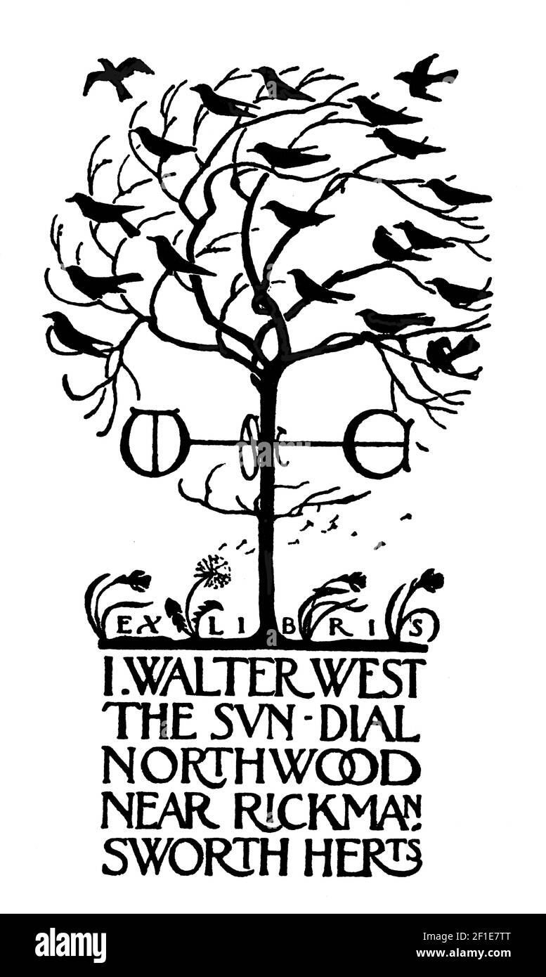 address bookplate with sundial and birds in winter tree for I Walter ...