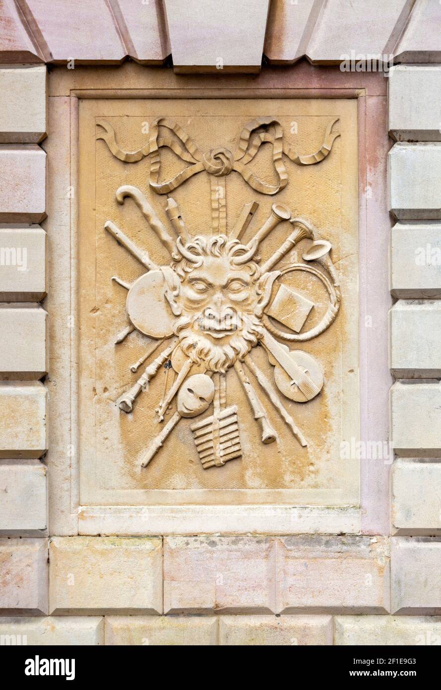 Carved panel of Pan, Market Cross building former theatre, Bury St ...