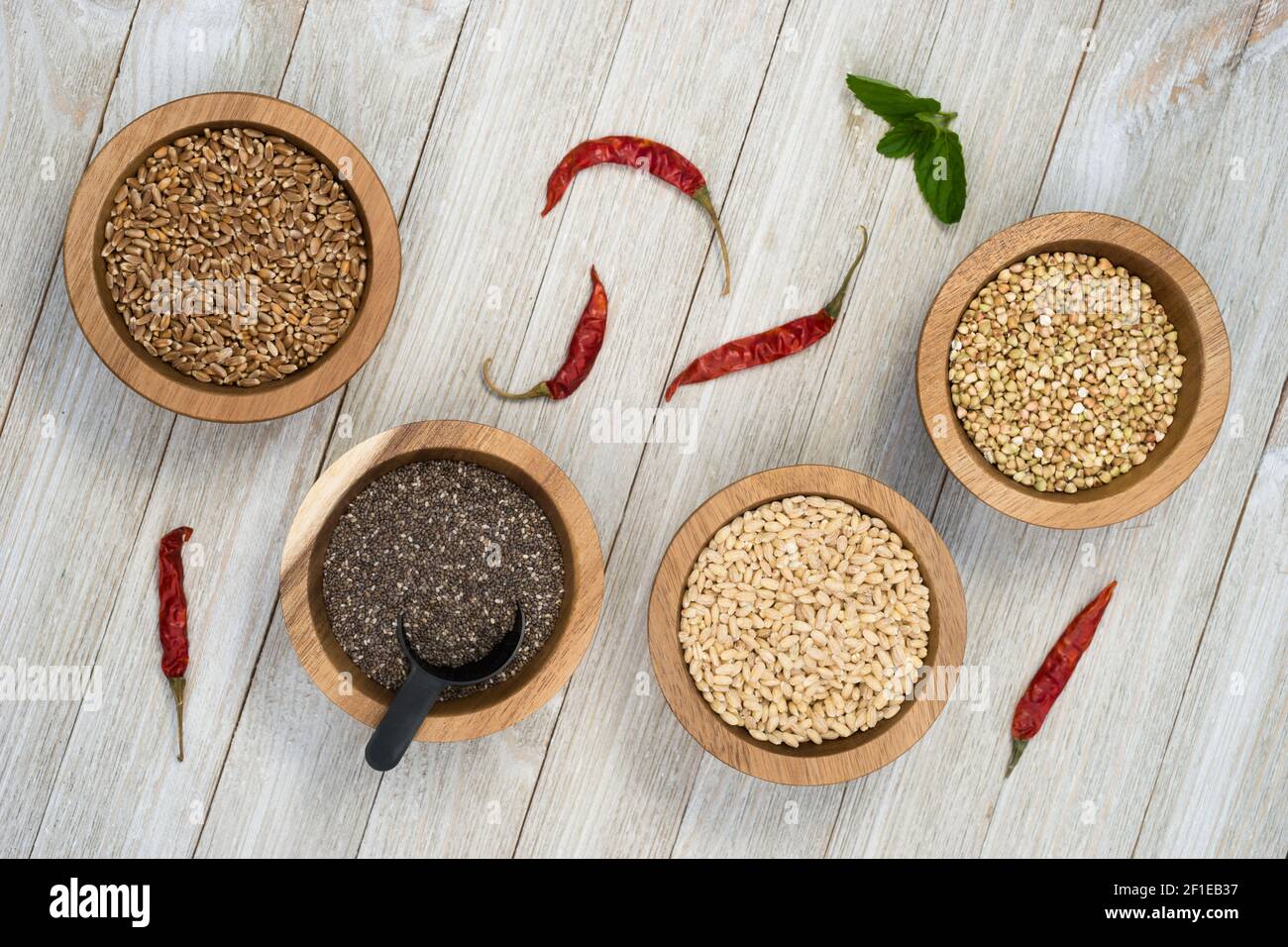 Whole Grains Chia Seeds and Peppers Superfoods Stock Photo - Alamy