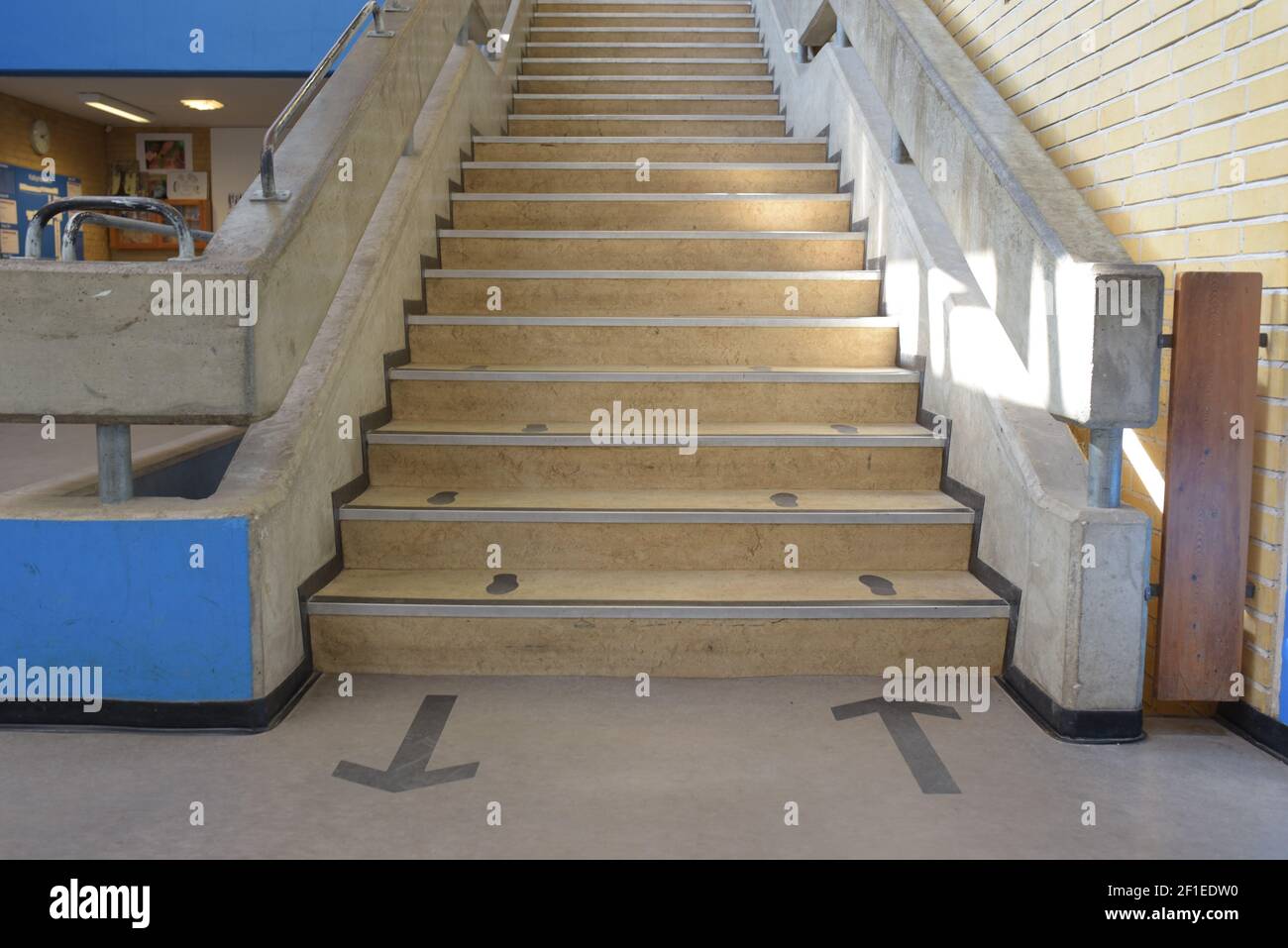 Closeup of stairs at a school with directions on the floor Stock Photo ...