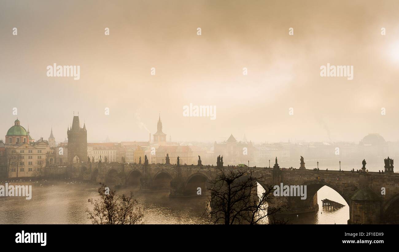 Charles bridge in Prague in early morning light with dense fog Stock ...
