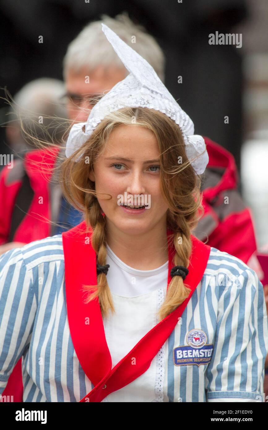 Dutch woman in traditional costume at Alkmaar Cheese Market Stock Photo ...