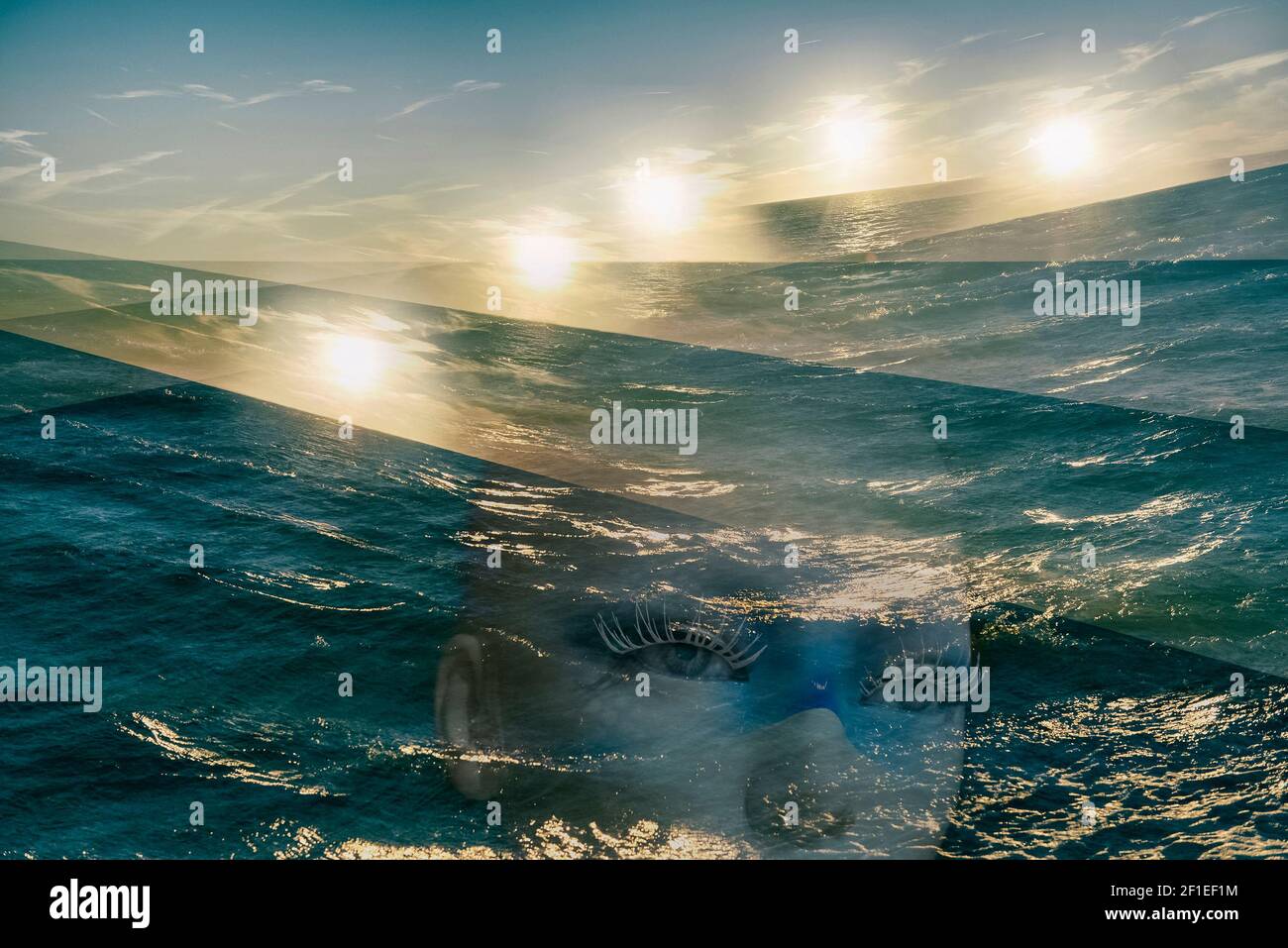 Futuristic mystical seascape with mannequin face under water and five ...
