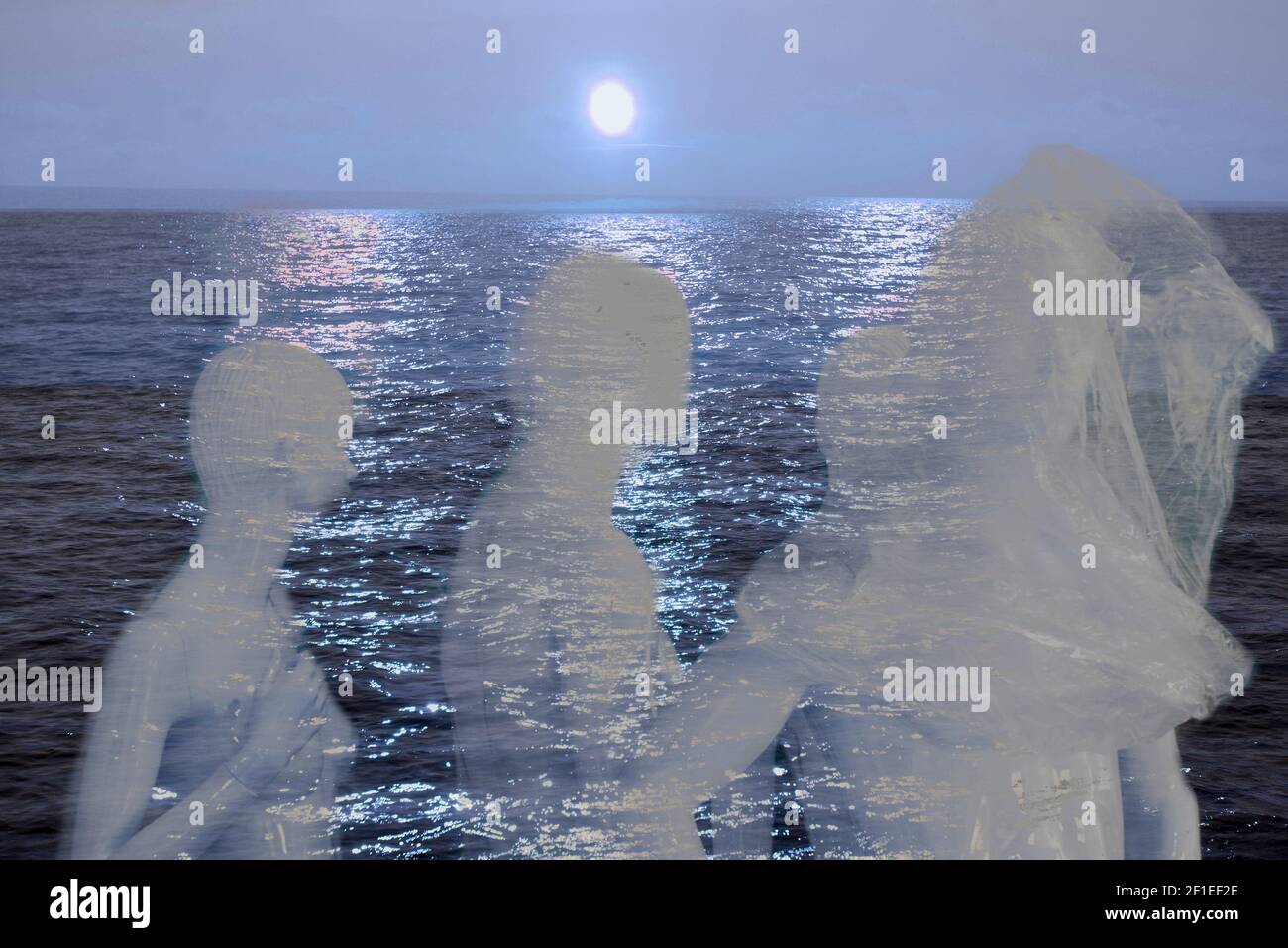 Futuristic mystical seascape with surreal mannequin figures under water ...