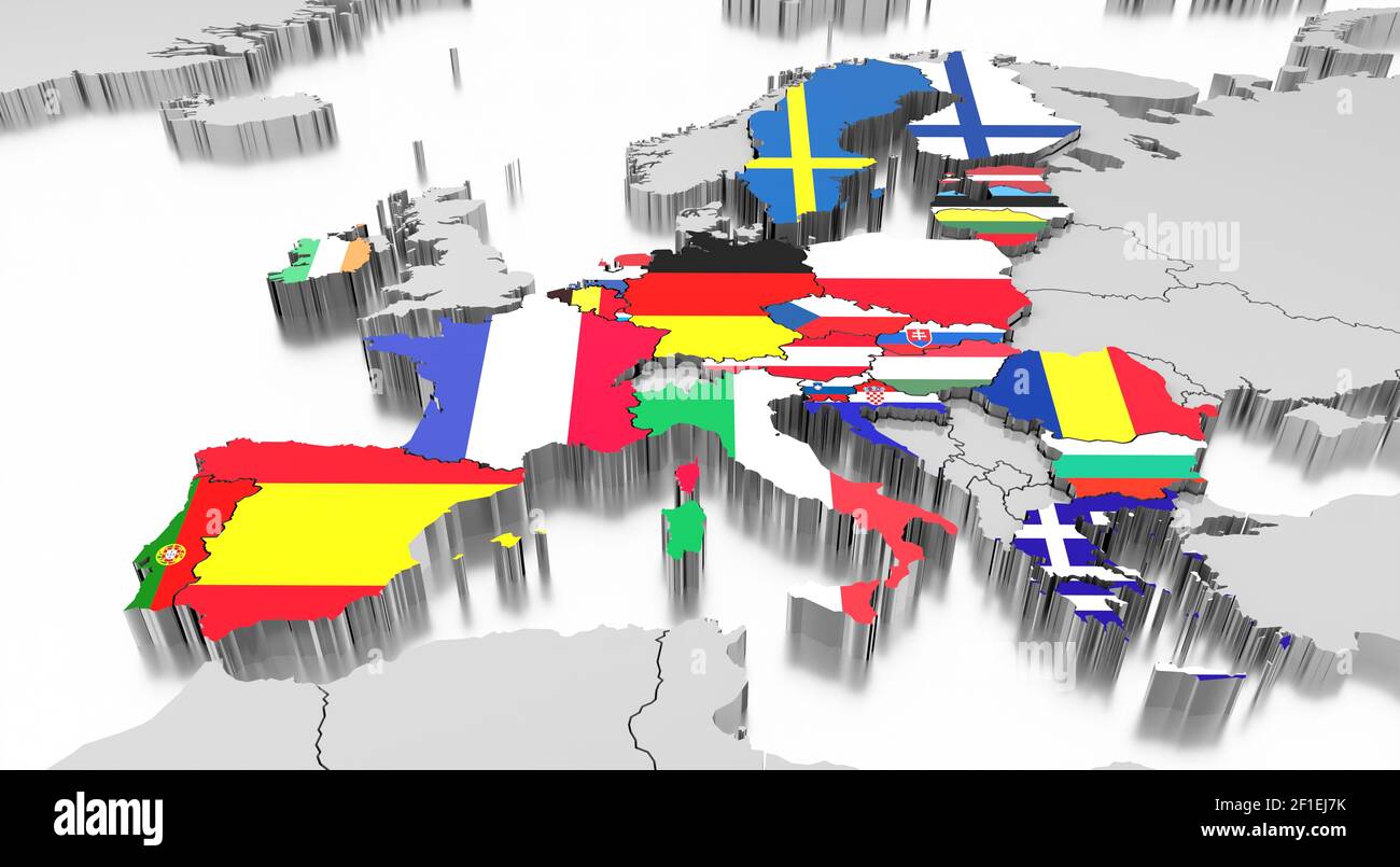 European Union concept, international flags - 3D illustration Stock ...