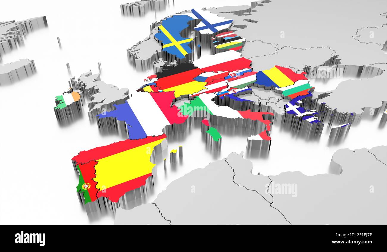 European Union concept, international flags - 3D illustration Stock ...