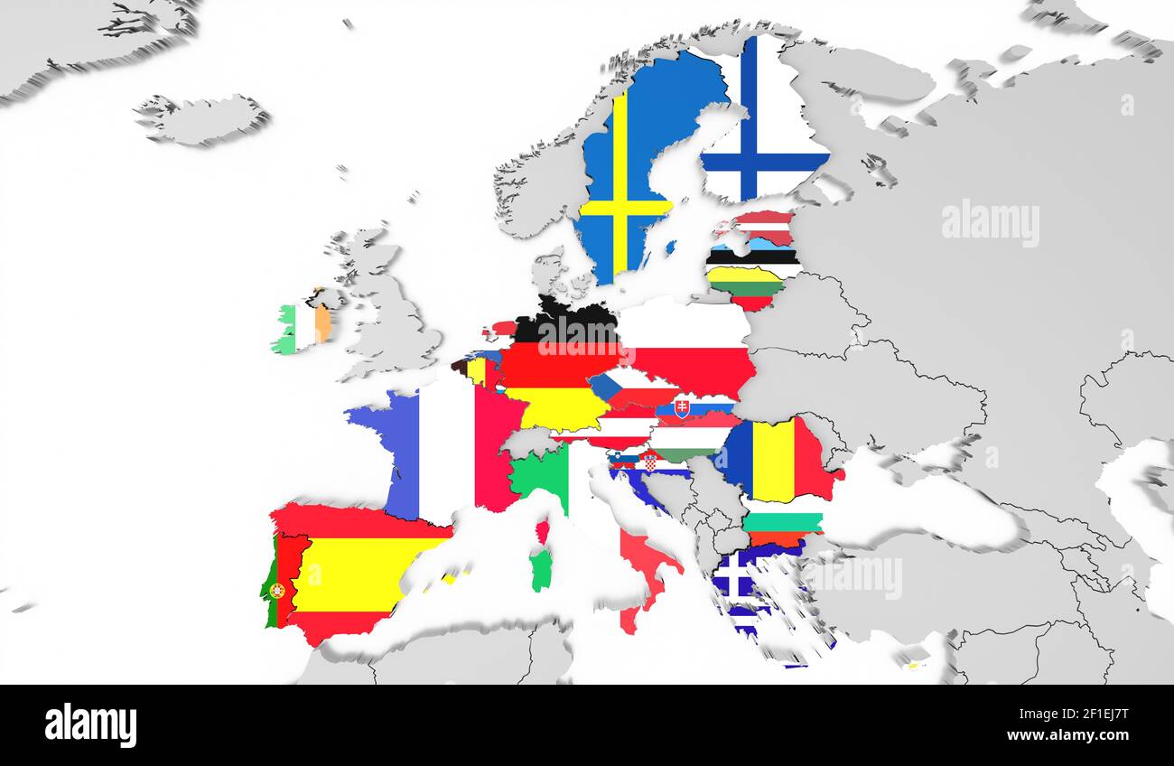 European Union concept, international flags - 3D illustration Stock ...