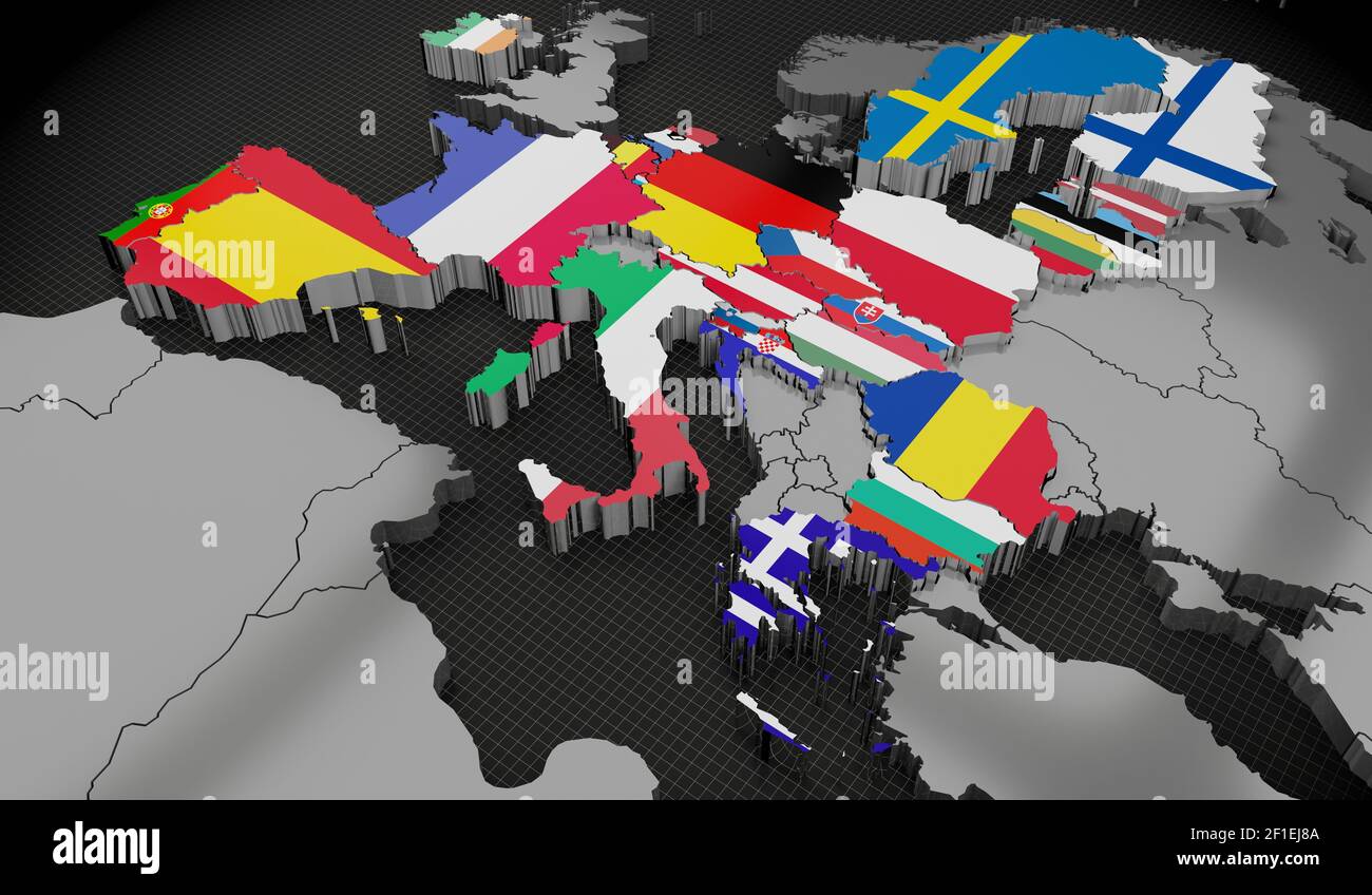 European Union concept, international flags - 3D illustration Stock ...