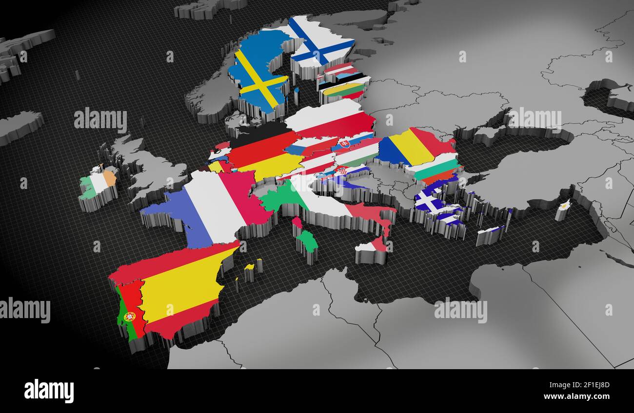 European Union concept, international flags - 3D illustration Stock ...