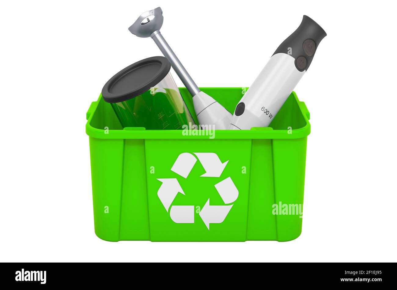 Recycling trashcan with immersion blender, 3D rendering isolated on ...