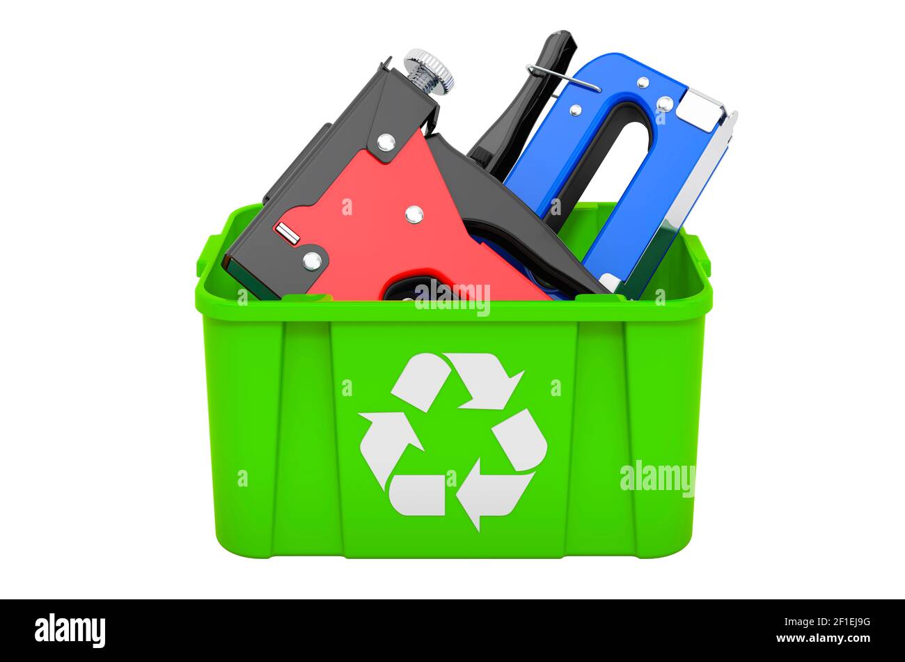 Recycling trashcan with staple gun, 3D rendering isolated on white ...