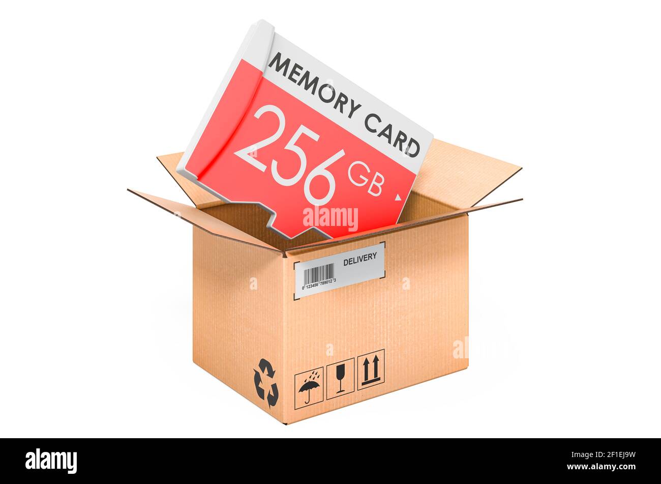 Memory card inside cardboard box, delivery concept. 3D rendering ...