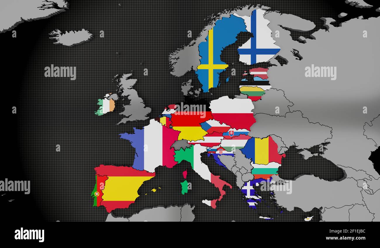 European Union concept, international flags - 3D illustration Stock ...