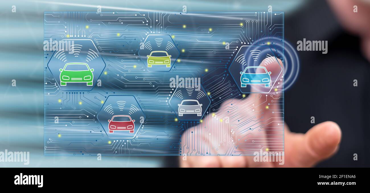 Man touching a smart car concept on a touch screen with his finger ...