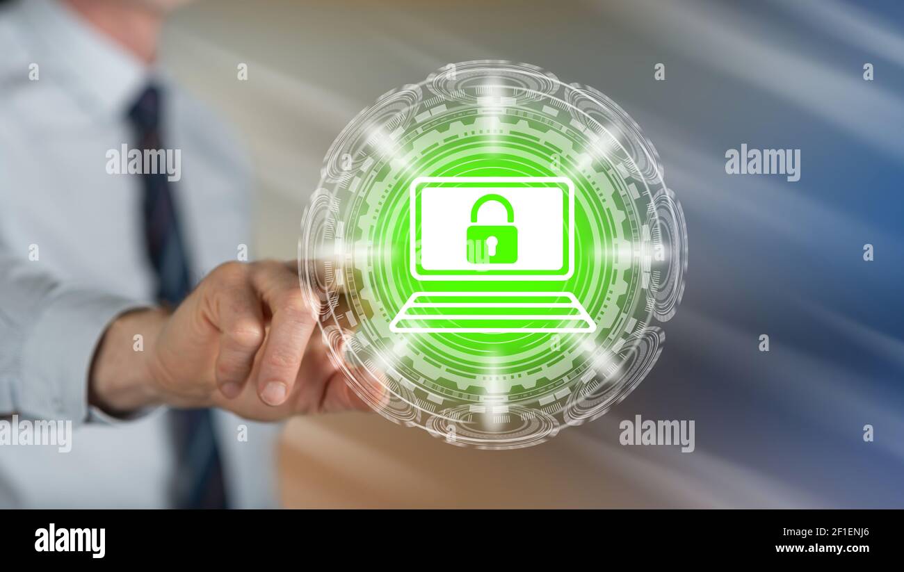 Man touching a cyber security concept on a touch screen with his finger ...
