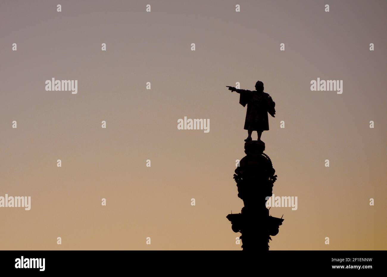Barcelona Christopher Columbus statue silhouette over sunset clear sky ...