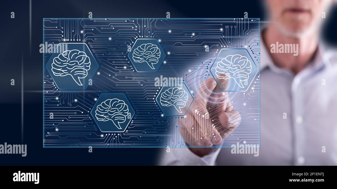 Man touching an artificial intelligence concept on a touch screen with ...