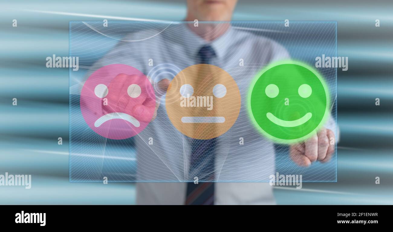 Man touching a customer satisfaction concept on a touch screen with his ...