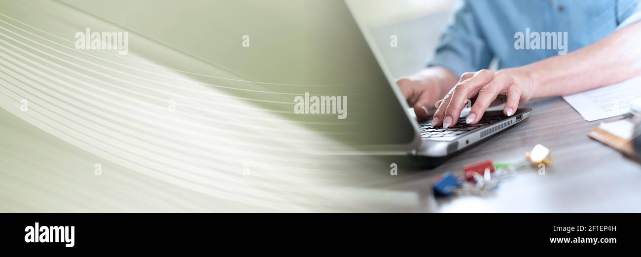 Female hands typing on laptop; panoramic banner Stock Photo - Alamy