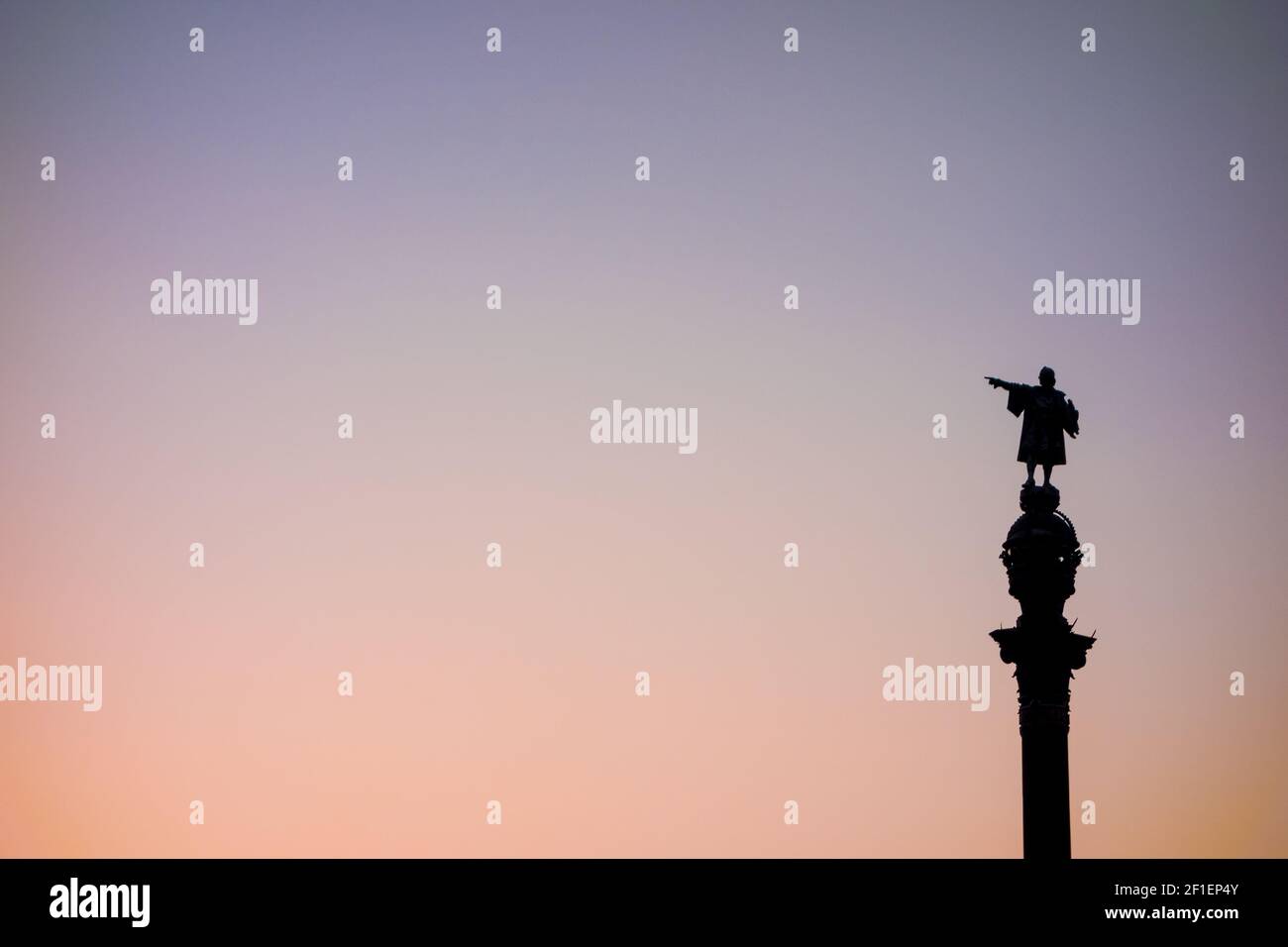Barcelona Christopher Columbus statue silhouette over sunset clear sky ...
