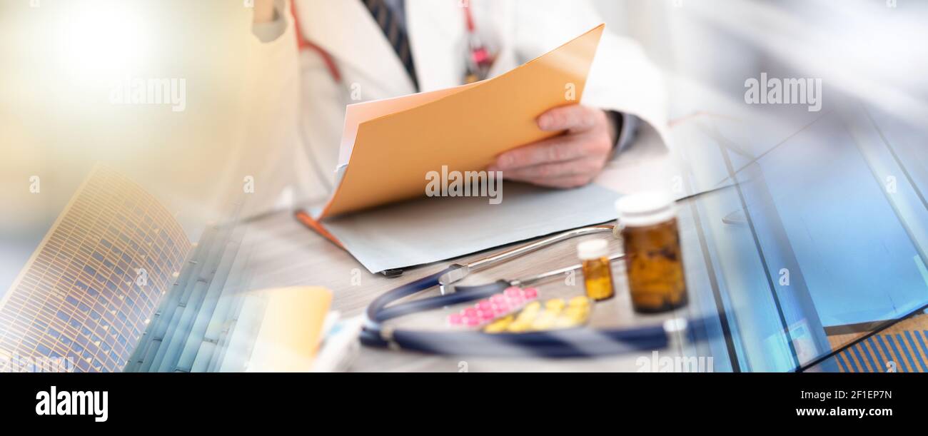 Doctor reading a medical report in office; multiple exposure Stock ...