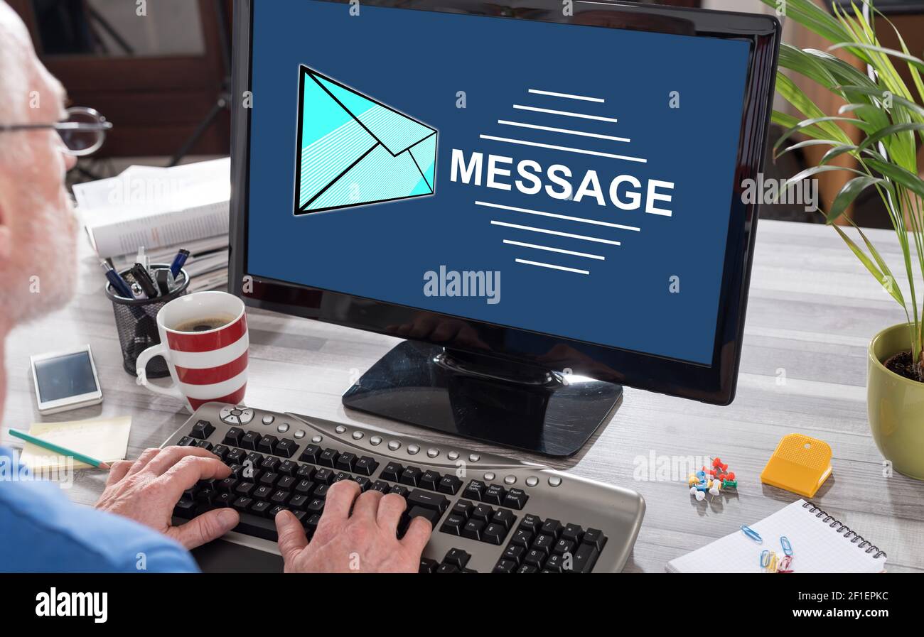 Man using a computer with message concept on the screen Stock Photo - Alamy