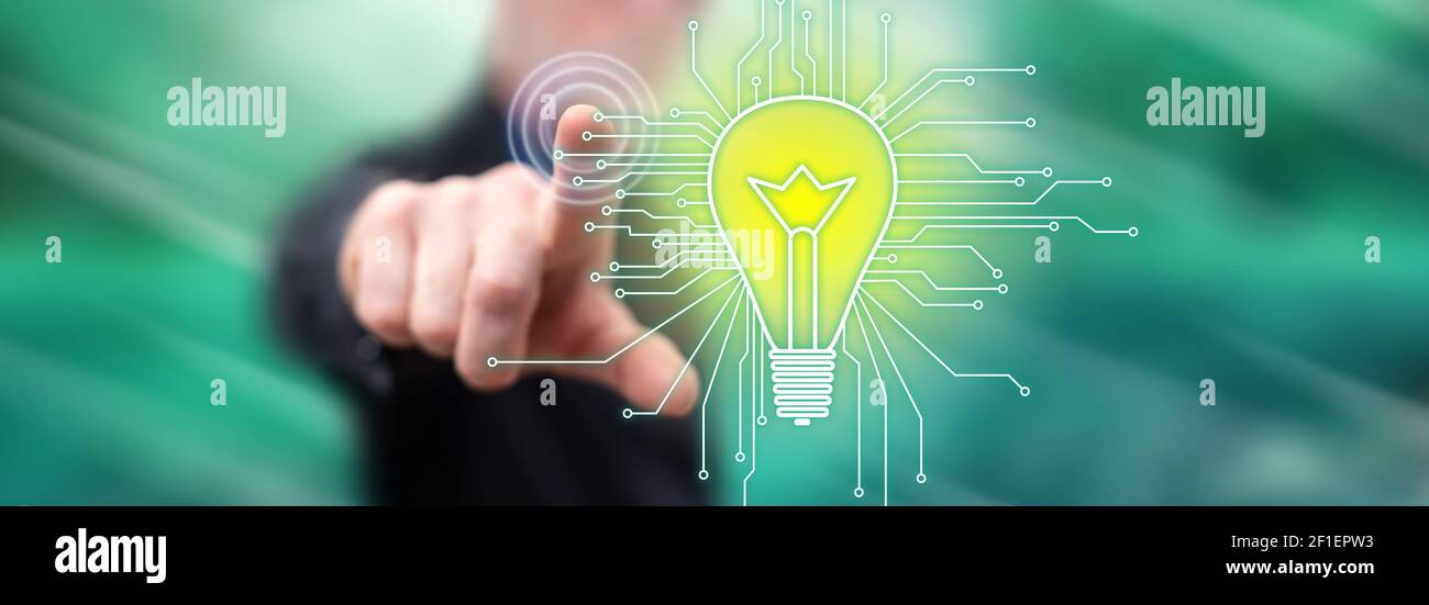 Man touching a technology innovation concept on a touch screen with his ...
