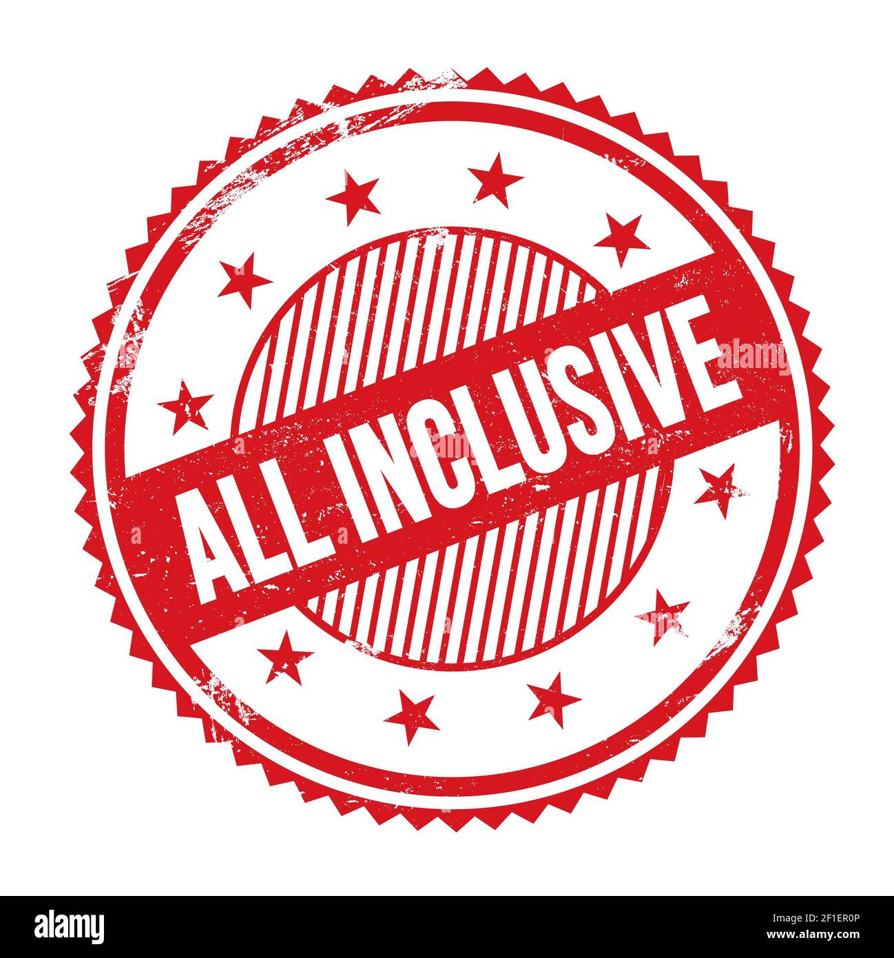 ALL INCLUSIVE text written on red grungy zig zag borders round stamp ...