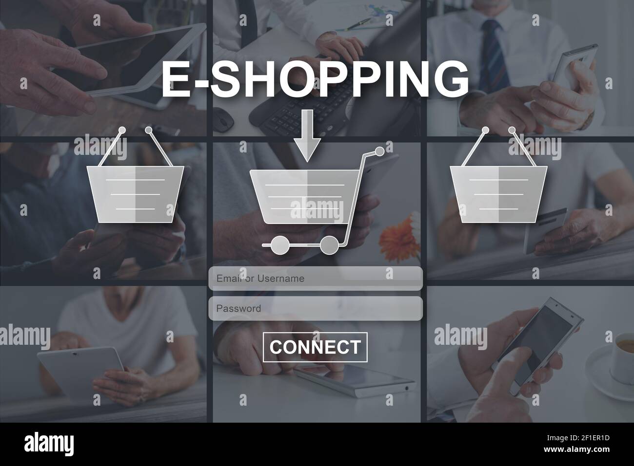 E-shopping concept illustrated by pictures on background Stock Photo ...