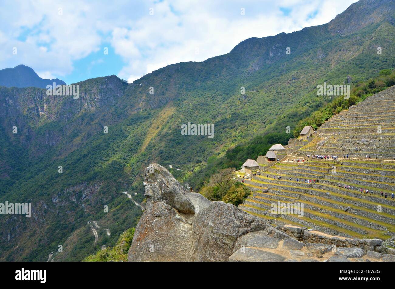 Landscape with panoramic view of the Inca farming terraces at Machu ...