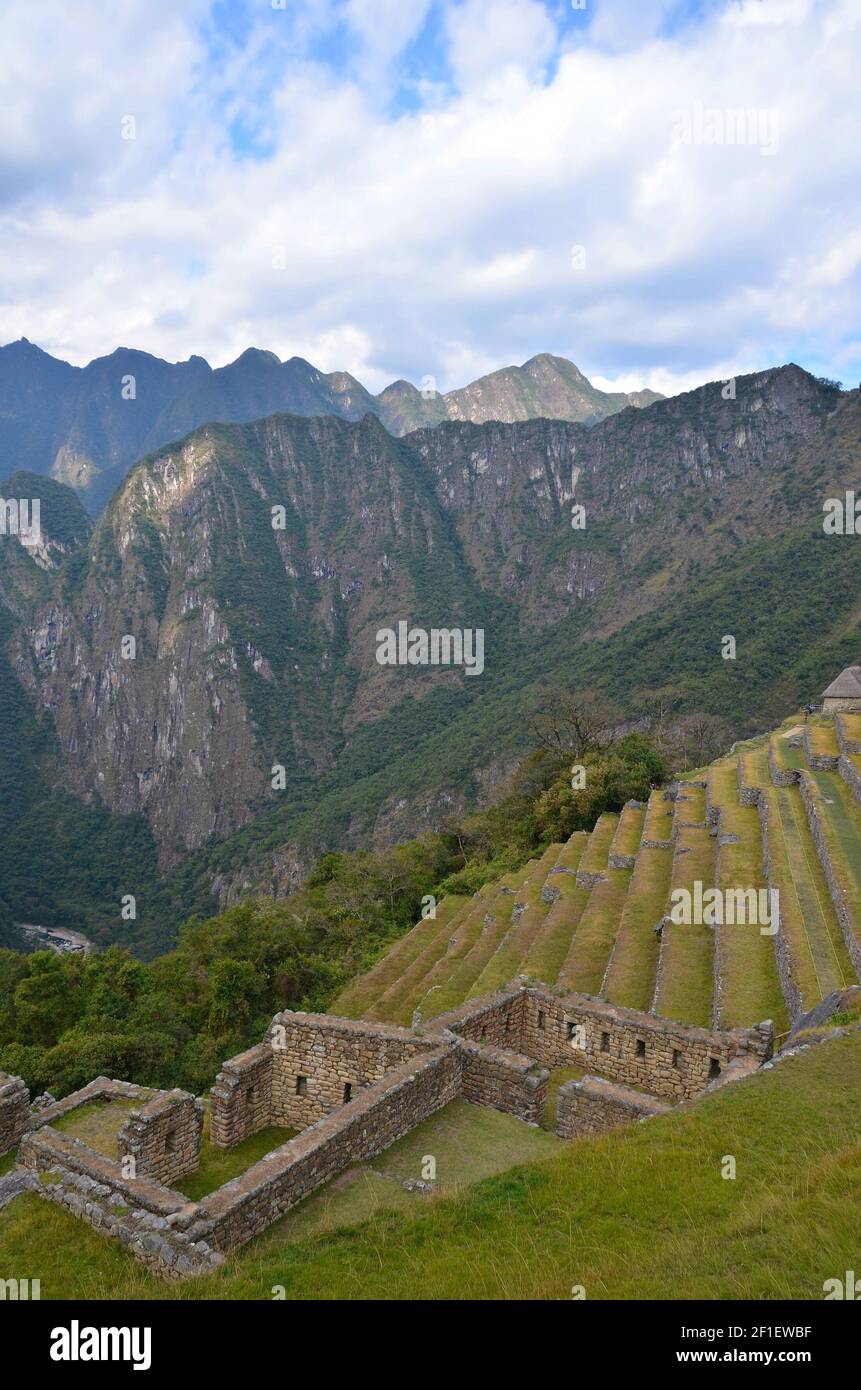 Landscape with panoramic view of the Inca farming terraces at Machu ...