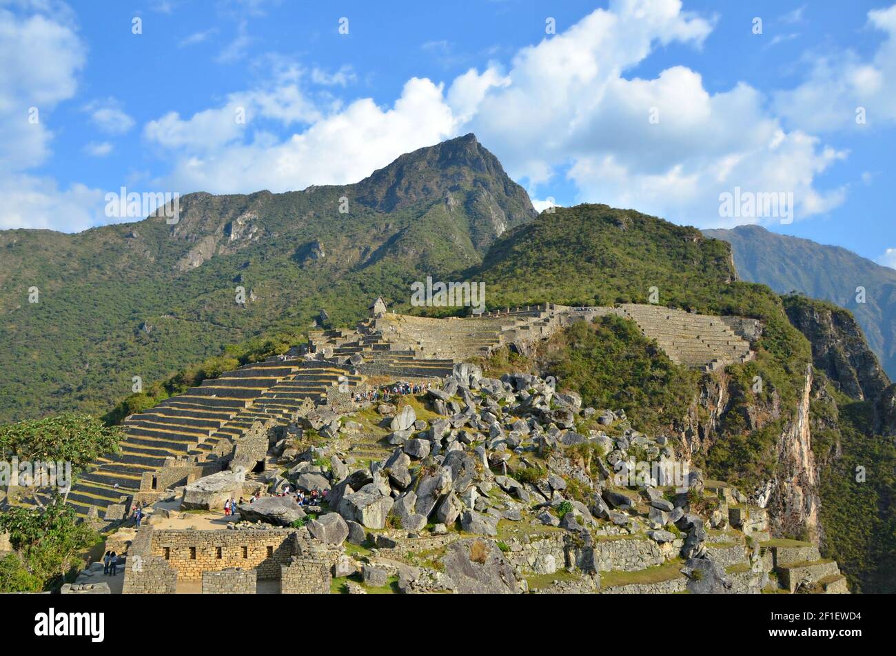 Landscape with panoramic view of the Inca farming terraces at Machu ...