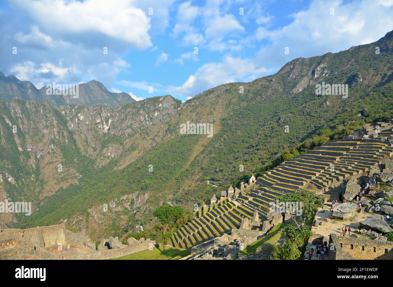 Landscape with panoramic view of the Inca farming terraces at Machu ...