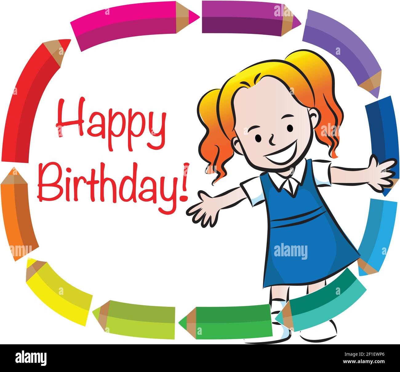 vector cartoon Happy school girl colour pencil birthday card Stock ...