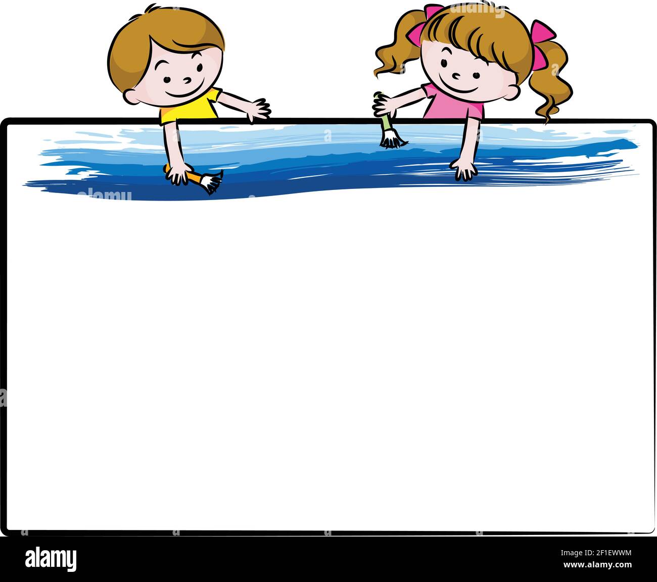 vector cartoon boy and girl painting blank border frame background ...