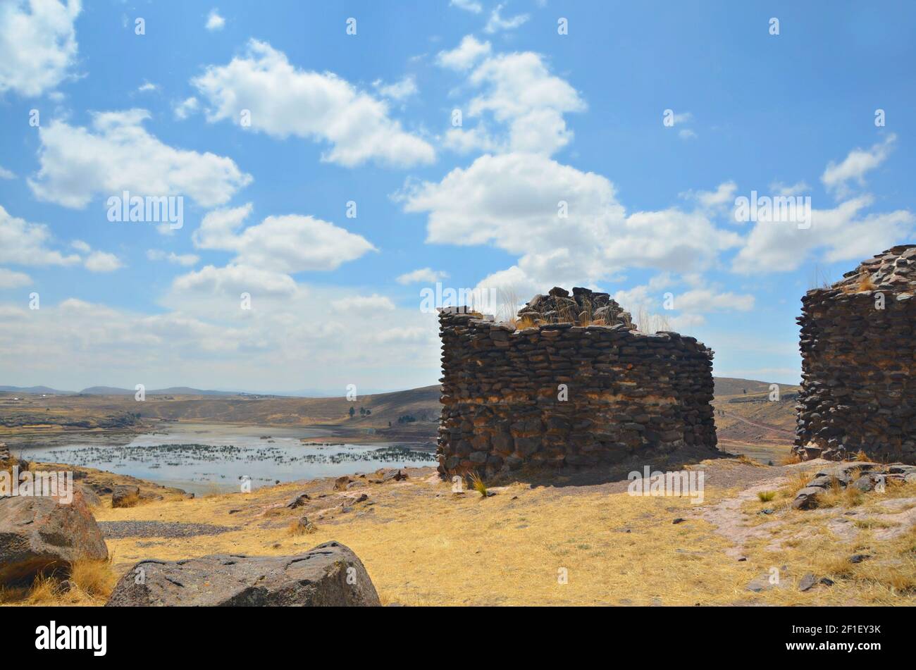 Landscape with view of the ancient Pre-Incan sacred burial tombs on the ...