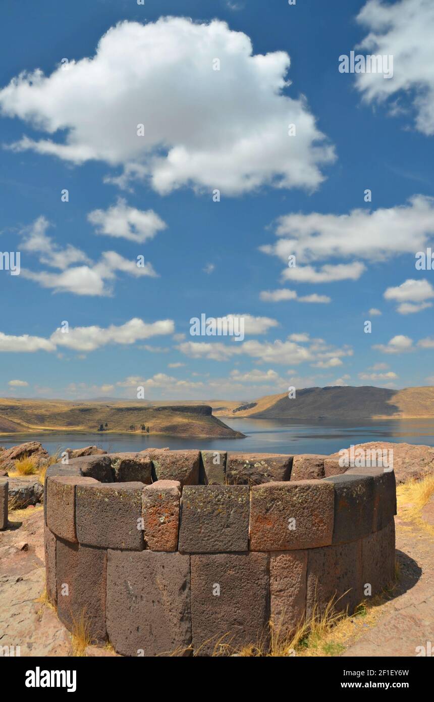 Landscape with view of the ancient Pre-Incan sacred burial tombs on the ...