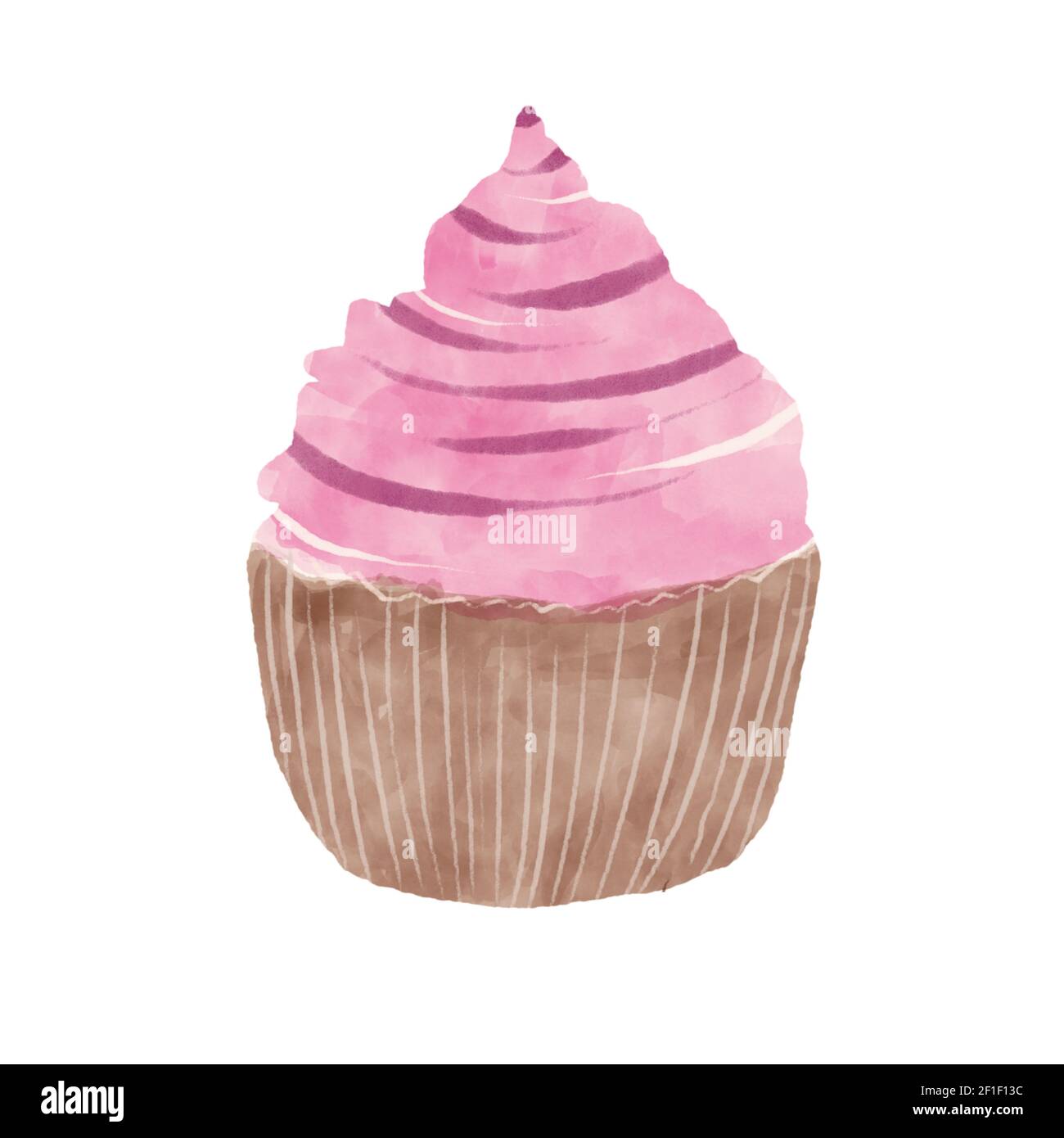 Chocolate muffin with pink frosting and thin wafer tubes. Sweet cupcake ...